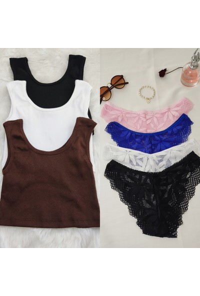 3'lü Crop Bluz-4'lü Külot Set