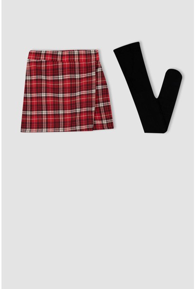 DeFacto Kız Çocuk Kare Desenli Flanel Şort Etek Çorap Takım X9671A622AU
