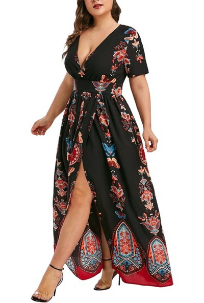Hong Store V Yaka Desenli Maxi Kadın Elbise - Siyah (Yurt Dışından) Hong Store V Yaka Desenli Maxi Kadın Elbise - Siyah (Yurt Dışından)