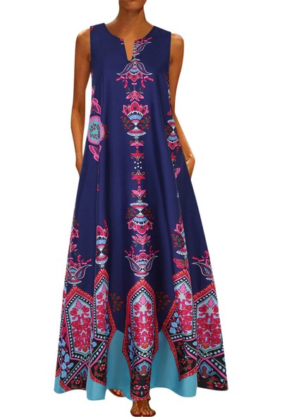 Hong Store Kolsuz Desenli Kadın Elbise - Koyu Mavi (Yurt Dışından) Hong Store Kolsuz Desenli Kadın Elbise - Koyu Mavi (Yurt Dışından)