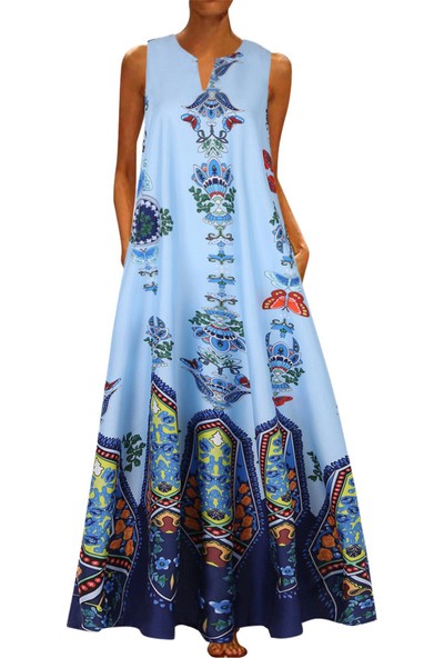 Hong Store Kolsuz Desenli Kadın Elbise - Mavi (Yurt Dışından) Hong Store Kolsuz Desenli Kadın Elbise - Mavi (Yurt Dışından)