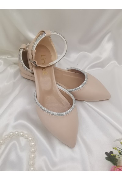Kadın Nude Ten Rengi Kablo Taşlı 3.5 cm Topuklu Abiye Babet
