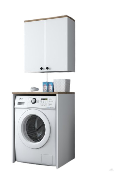 Rani Çamaşır Makinesi Dolabı 3 Raflı Kapaklı Banyo Dolabı Beyaz Sepet Ceviz Rani Çamaşır Makinesi Dolabı 3 Raflı Kapaklı Banyo Dolabı Beyaz Sepet Ceviz