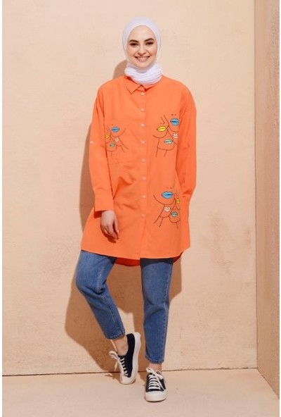 Nefise Önü Baskılı Tek Cepli Dokuma Gömlek Kayısı