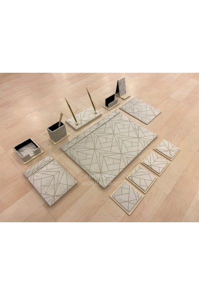 Ömür Ofis Kadife Simetri Sümen Takımı - Krem