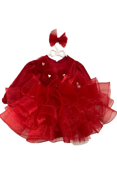 Kırmızı Gül Detaylı Ekstra Kabarık Elbise