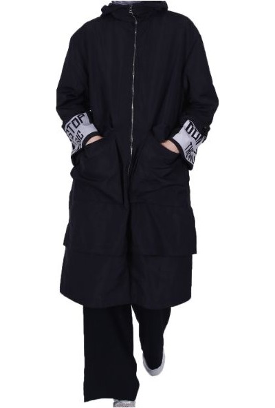 Yaqa Yazı Detaylı Trençkot Siyah