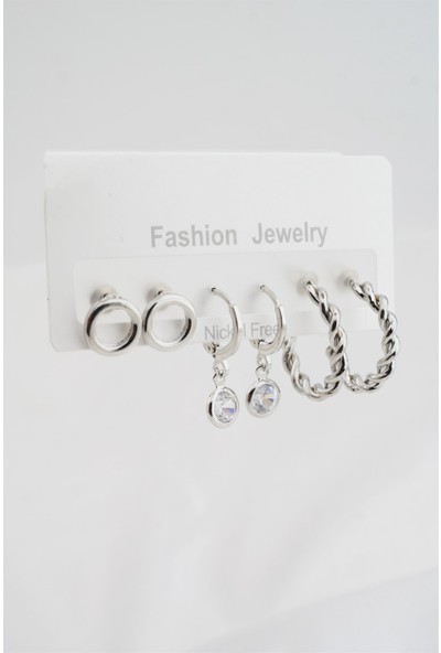 Fashion Jewelry Kadın Zirkon Taşlı ve Halkalı 6'lı Küpe Seti