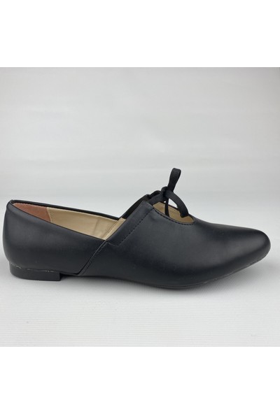 Siyah Suni Deri Bağcıklı Kadın Babet Topuk Yüksekliği 1cm - 36