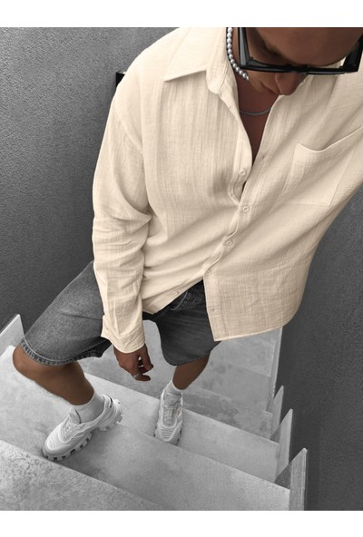 Oversize Keten Gömlek Krem
