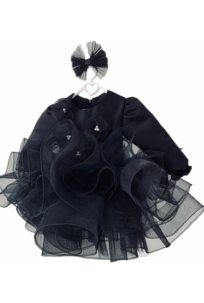 Siyah Incili Gül Detaylı Ekstra Kabarık Elbise