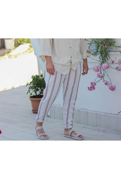Otantik Çizgili Keten Pantolon