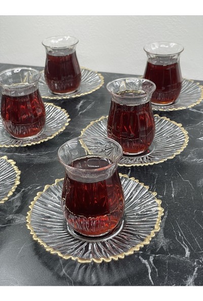 6'lı Trend Özel Tasarım Kristal Yaldızlı Cam Çay Tabağı