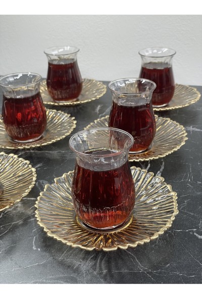 6'lı Trend Özel Tasarım Kristal Yaldızlı Cam Çay Tabağı