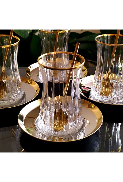 Paşabahçe Lizbon Gold Çelik Tabaklı Çay Seti- 18 Parça