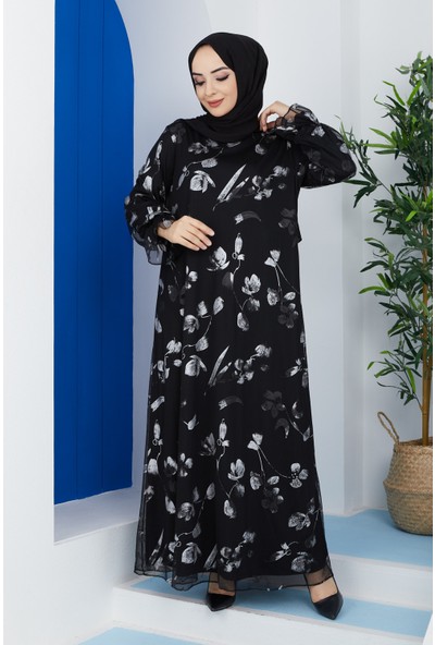 Büyük Beden Astarlı Şifon Tesettür Elbise/gri Büyük Beden Astarlı Şifon Tesettür Elbise/gri