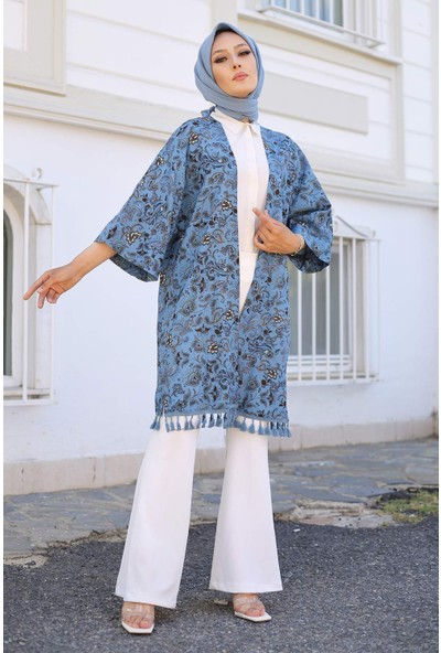 İmaj Butik Desenli Salaş Tesettür Kimono/indigo