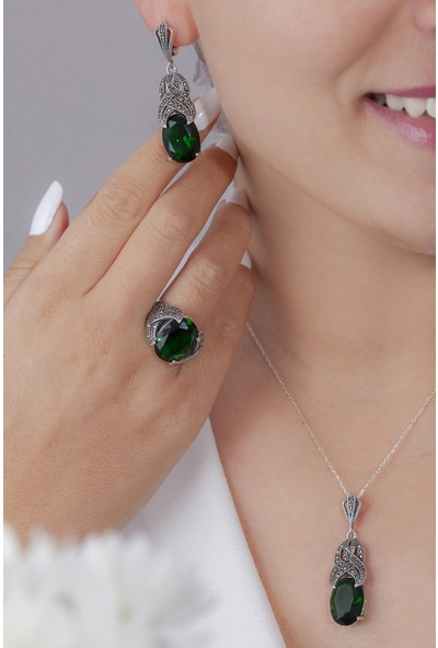 Molenga Zümrüt Yeşil Taş Gümüş Takı Seti