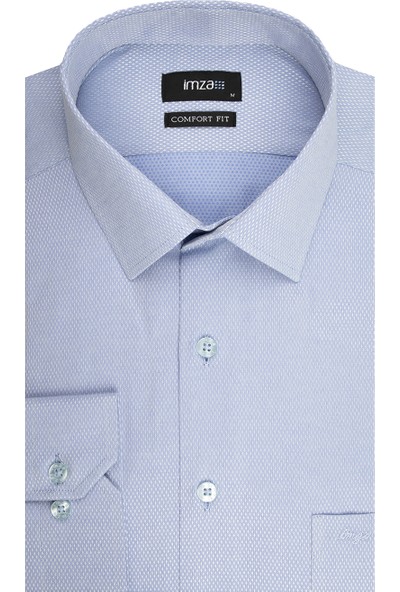İmza Mavi Kendinden Desenli Uzun Kollu Comfort Fit Gömlek