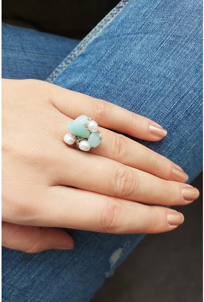 Vaoov Gümüş Kaplama Amazonit ve Inci Yüzük