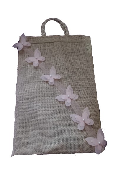 Pembe Kelebek Detaylı Jüt Çanta