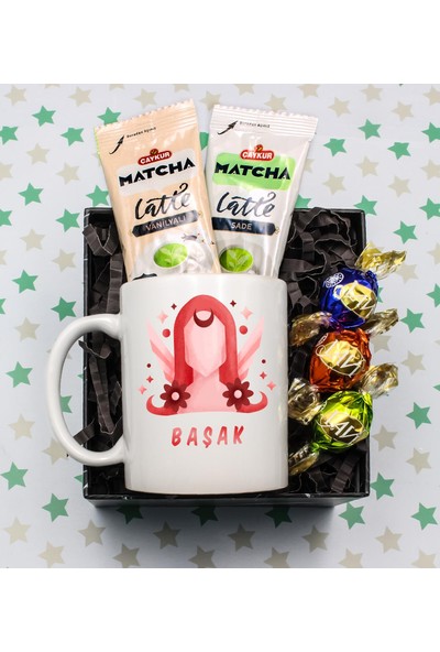 Vega Hediye Başak Burcu Tasarım Kupa & 3'lü Lavi Çikolata & 2'li Çaykur Matcha Detokslu Latte Hediye Seti