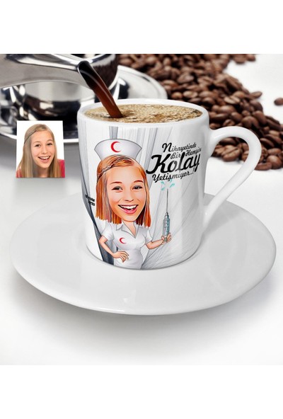 Kişiye Özel Hemşire Karikatür Türk Kahvesi Fincanı - 1