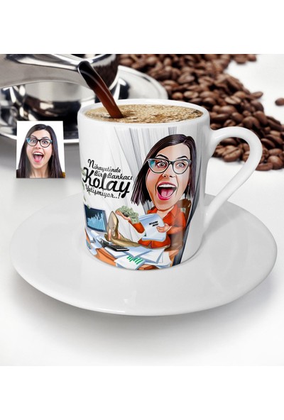 Kişiye Özel Bayan Bankacı Karikatür Türk Kahvesi Fincanı - 1