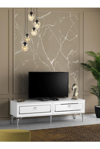 150 cm Trend Metal Ayak-Mdf Mebran Kapak Tv Sehpası Beyaz Gümüş