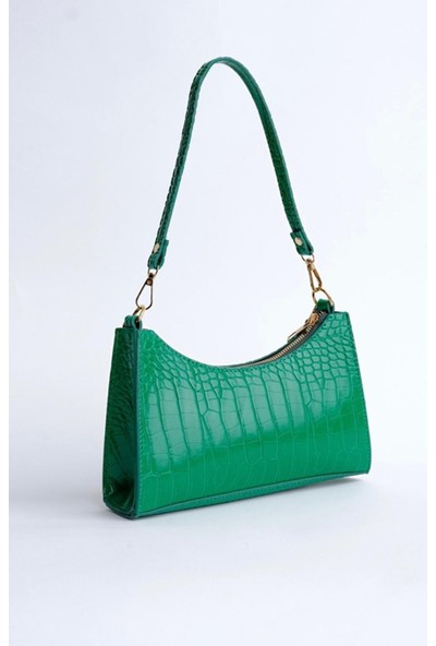 BYS Collection Kroko Desenli Yeşil Baget Baguette El ve Omuz Çantası