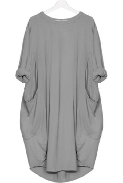 Peighusill Yuvarlak Yaka Düz Renk Kadın Elbise - Gri (Yurt Dışından)