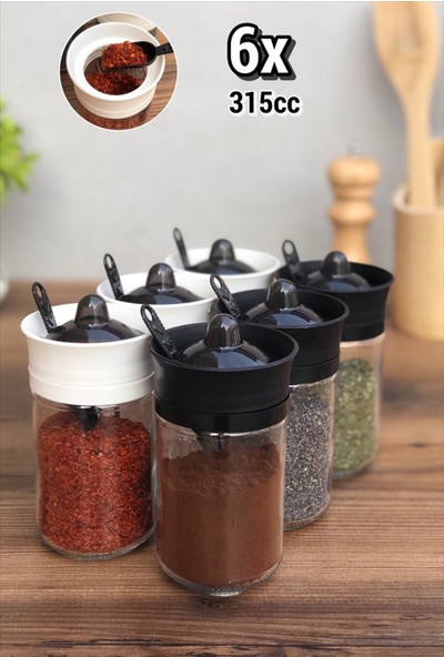 Şahane Pazar 6 Adet Kaşıklı 315CC Cam Baharat Seti Beyaz Siyah FMA08227
