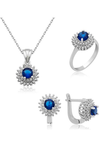York Nevada Gümüş Mavi Zirkon Taşlı Bayan Set