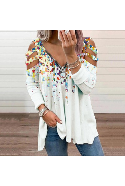 KMX Kadın Üstü Küçük Çiçek V Yaka Fermuar Açık Omuz Uzun Kollu Bluz (Yurt Dışından) KMX Kadın Üstü Küçük Çiçek V Yaka Fermuar Açık Omuz Uzun Kollu Bluz (Yurt Dışından)