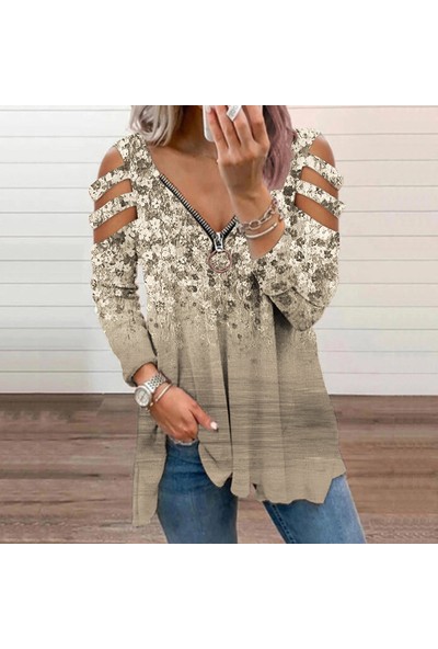 KMX Kadın Üstü Küçük Çiçek V Yaka Fermuar Açık Omuz Uzun Kollu Bluz (Yurt Dışından) KMX Kadın Üstü Küçük Çiçek V Yaka Fermuar Açık Omuz Uzun Kollu Bluz (Yurt Dışından)