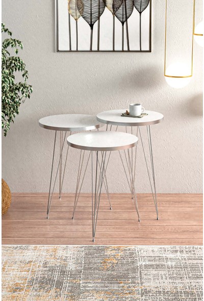 Ege Modüler Beyaz Gümüş Metal Ayaklı Gümüş Detaylı Zigon Sehpa
