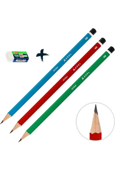 Adel Writer Mercanlı Kurşun Kalem 3 Adet ve Mikro NO30 Silgi 1 Adet Adel Writer Mercanlı Kurşun Kalem 3 Adet ve Mikro NO30 Silgi 1 Adet
