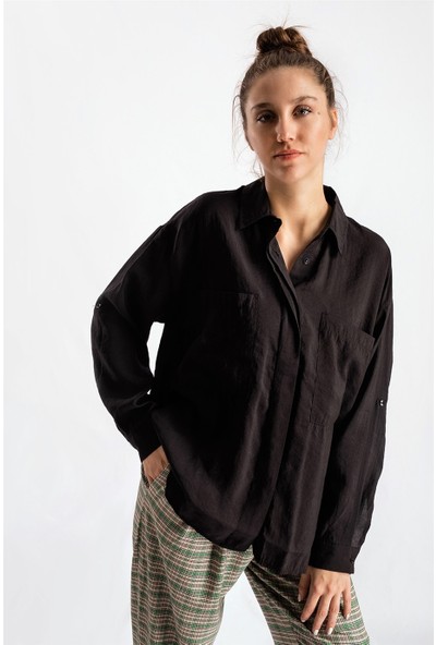 Gils Butik Tensel Kumaş Siyah Gömlek