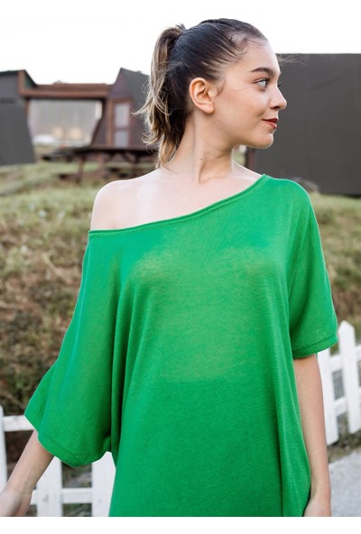 Gils Butik Kayık Yaka Salaş Yeşil Triko