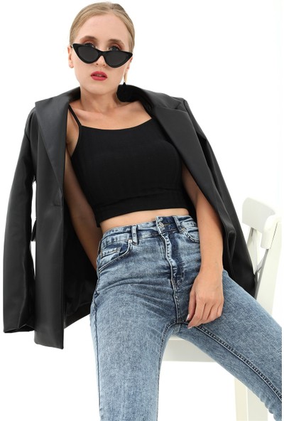 Vapur Cep Kapaklı Omuzları Vatkalı Deri Blazer Ceket - Siyah Vapur Cep Kapaklı Omuzları Vatkalı Deri Blazer Ceket - Siyah