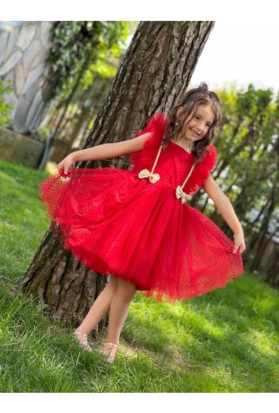 Kız Çocuk Fiyonklu Pullu Abiye Elbise Kırmızı 1825-