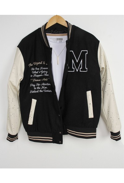 Slatra Erkek Siyah Wizard Deri Kol Nakışlı Kolej Ceket Slatra Erkek Siyah Wizard Deri Kol Nakışlı Kolej Ceket