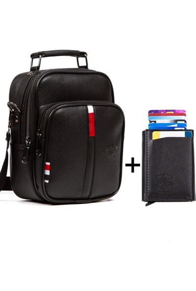 Adelina Siyah Deri El ve Omuz Çanta ve Mekanizmalı Kartlık Set ADL-TMY2845