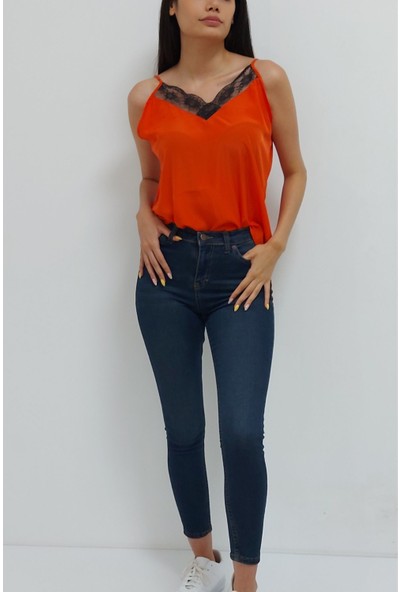 Askılı Dantelli Bluz Turuncu