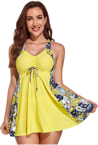 Yifeng Etekli Çiçek Desenli Kadın Mayo - Sarı (Yurt Dışından)