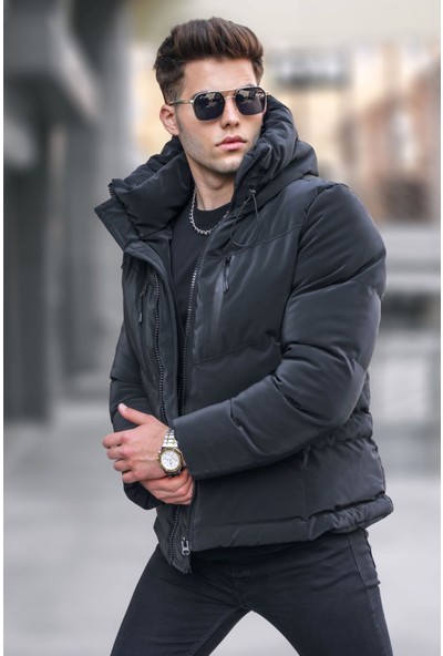 Madmext Siyah Cep Detaylı Kapşonlu Şişme Mont 5746