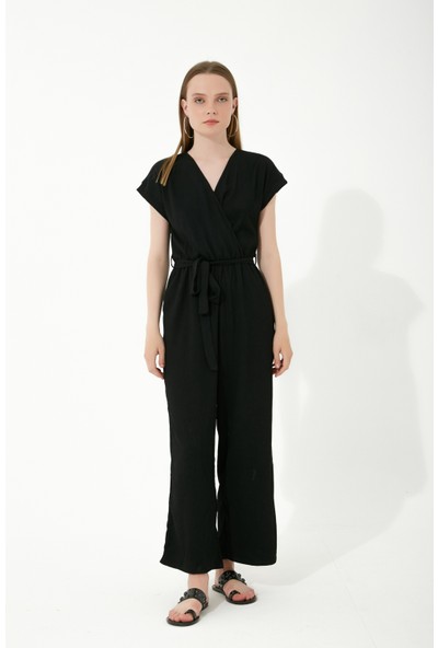 Kadın Kruvaze Yaka Bel Bağcıklı Cep Detaylı Tulum