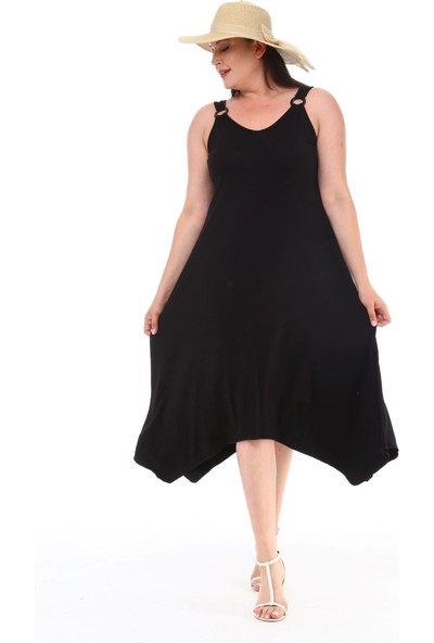 Siyezen Büyük Beden Askılı Tokalı Asimetrik Kesim Elbise Siyah
