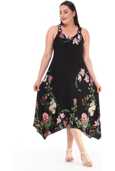 Siyezen Büyük Beden Askılı Tokalı Asimetrik Kesim Elbise Yeşil