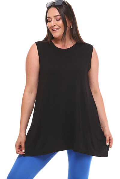 Siyezen Büyük Beden Basic Kolsuz T-Shirt Siyah
